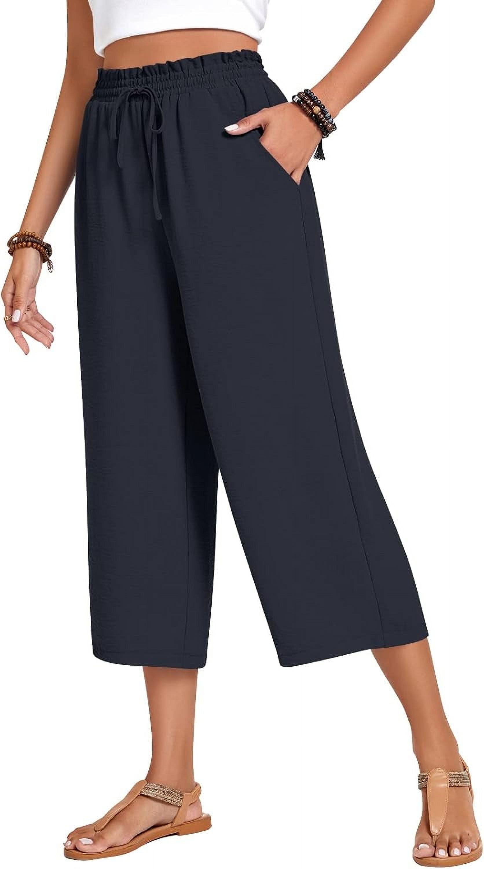 ANYJOIN Womens 3/4 Wide Leg Capri Pants with Elastic Waist, Flowy ...