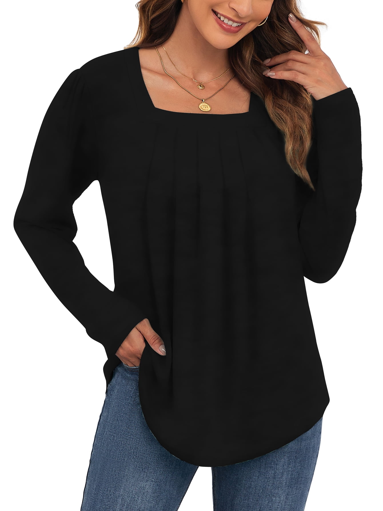ANYJOIN Womens Long Sleeve Tunic Tops Pleated Square Neck Casual Loose ...