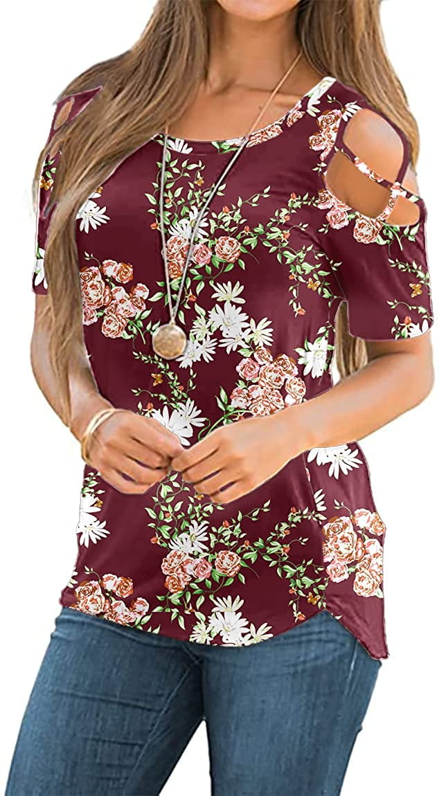 ANYJOIN Women's Cold Shoulder Tunic Tops, Summer Short Sleeve Strappy ...