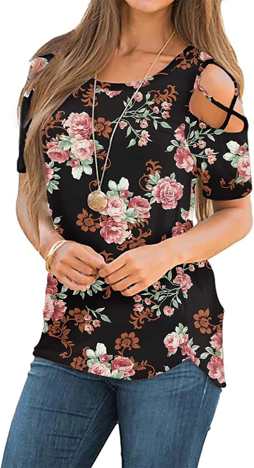 ANYJOIN Women's Summer Tunic Tops, Strappy Cold Shoulder Short Sleeve ...