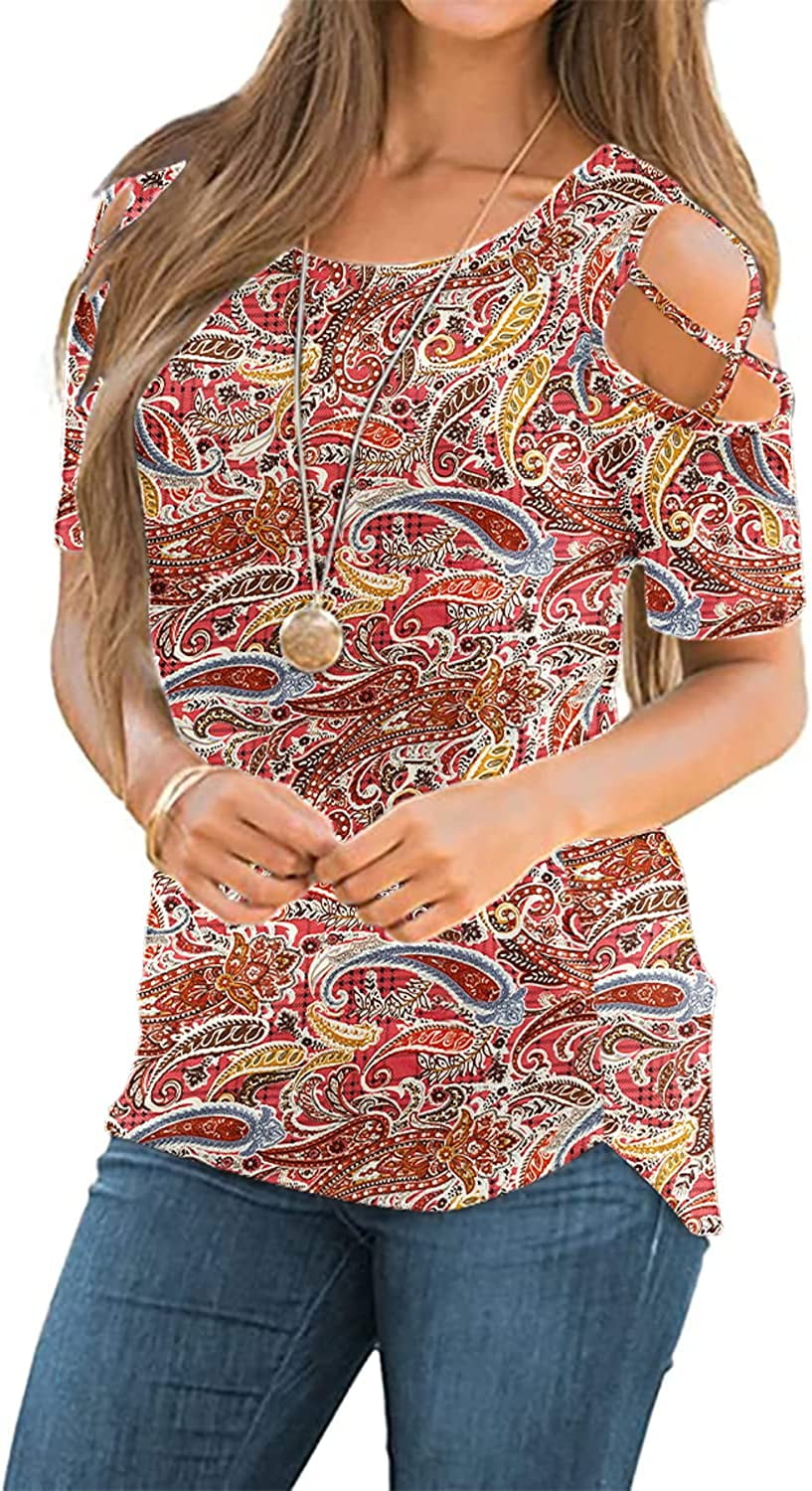 ANYJOIN Womens Casual Summer Tunics Tops Short Sleeve Cold Shoulder ...