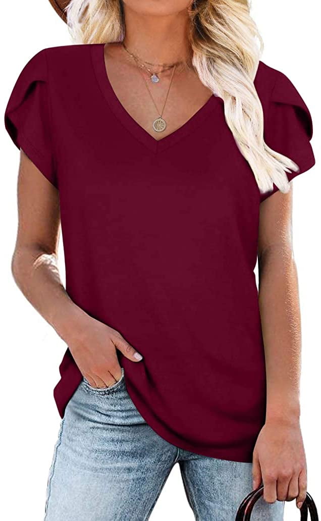 ANYJOIN Womens Flowy Petal Loose Fitting Spring Tunics, V Neck Short ...