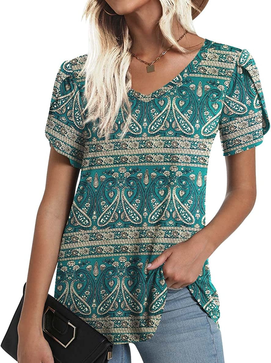 ANYJOIN Womens Summer Tunics Tops Short Sleeve Casual T-Shirts V Neck ...