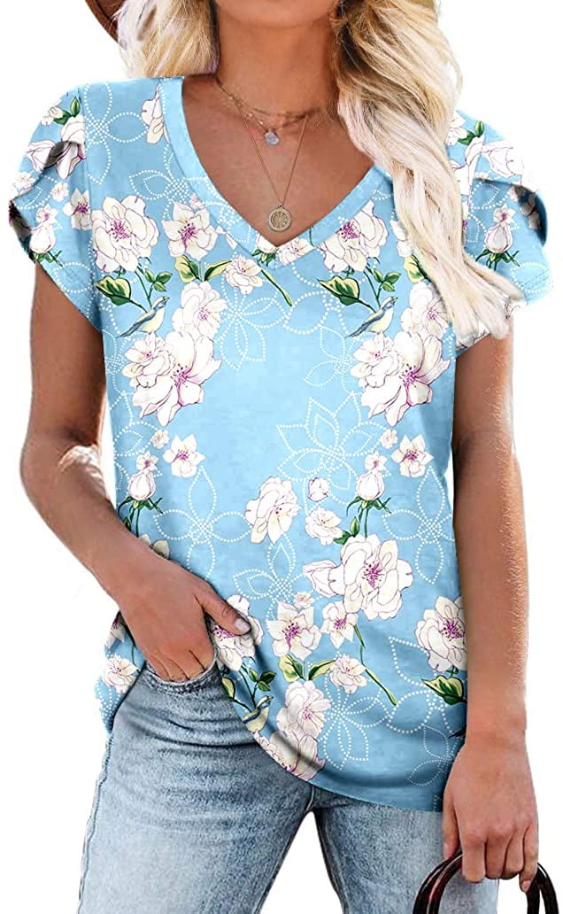 ANYJOIN Womens Summer Tunics Tops Short Sleeve Casual T-Shirts V Neck ...