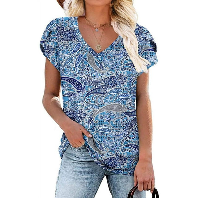 ANYJOIN Womens Summer Tunics Tops Short Sleeve Casual T-Shirts V Neck ...