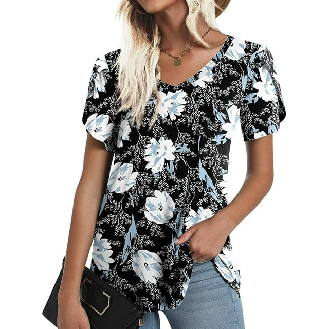 ANYJOIN Womens Summer Tunics Tops Short Sleeve Casual T-Shirts V Neck ...
