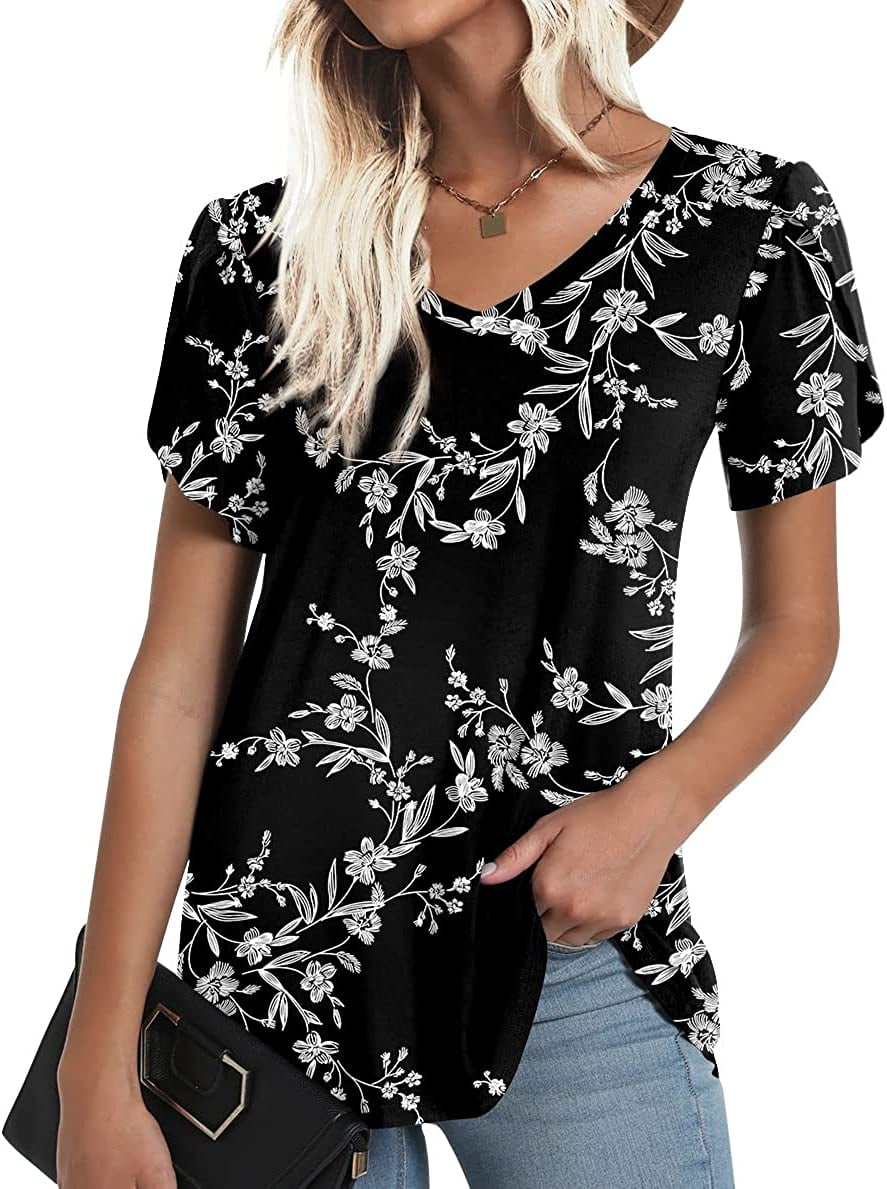 ANYJOIN Womens Summer Tunics Tops Short Sleeve Casual T-Shirts V Neck ...