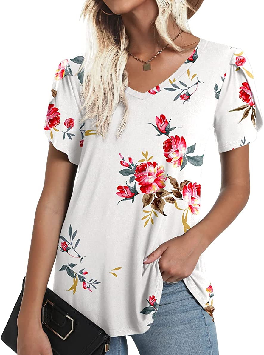 ANYJOIN Womens Summer Tunics Tops Short Sleeve Casual T-Shirts V Neck ...
