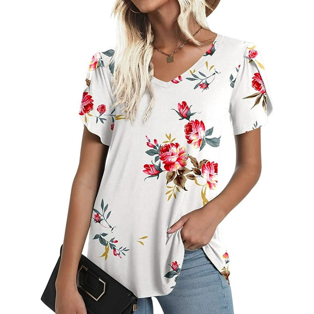 ANYJOIN Womens Loose Fitting Summer Tunics, Petal Cut Short Sleeve, V ...