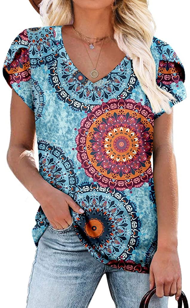 ANYJOIN Womens Summer Tunics Tops Short Sleeve Casual T-Shirts V Neck ...