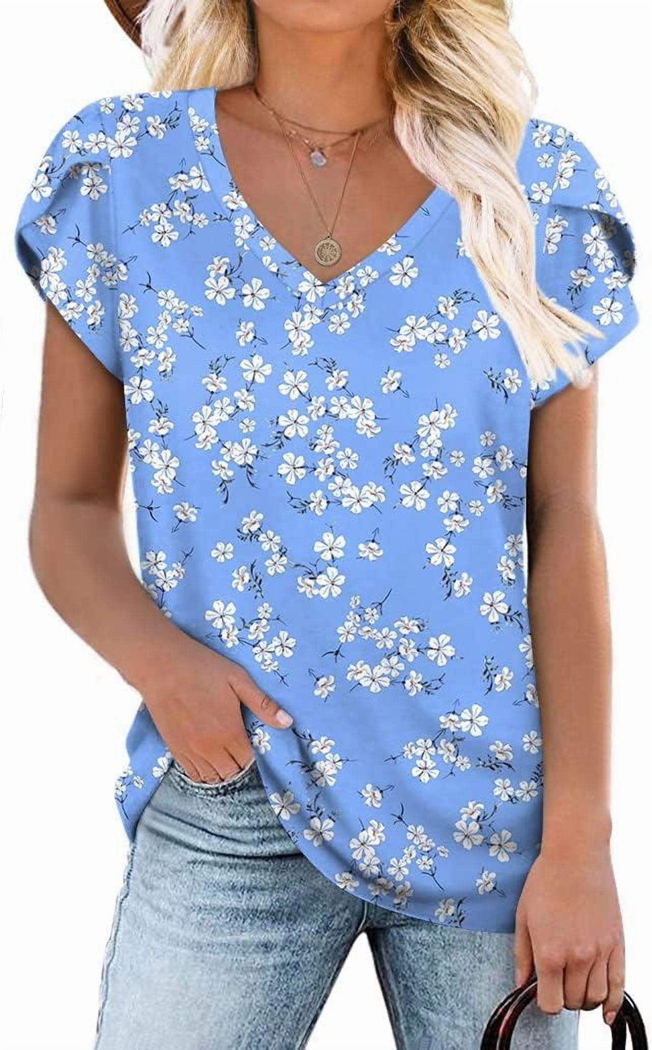 ANYJOIN Womens Summer Tunics Tops Short Sleeve Casual T-Shirts V Neck ...