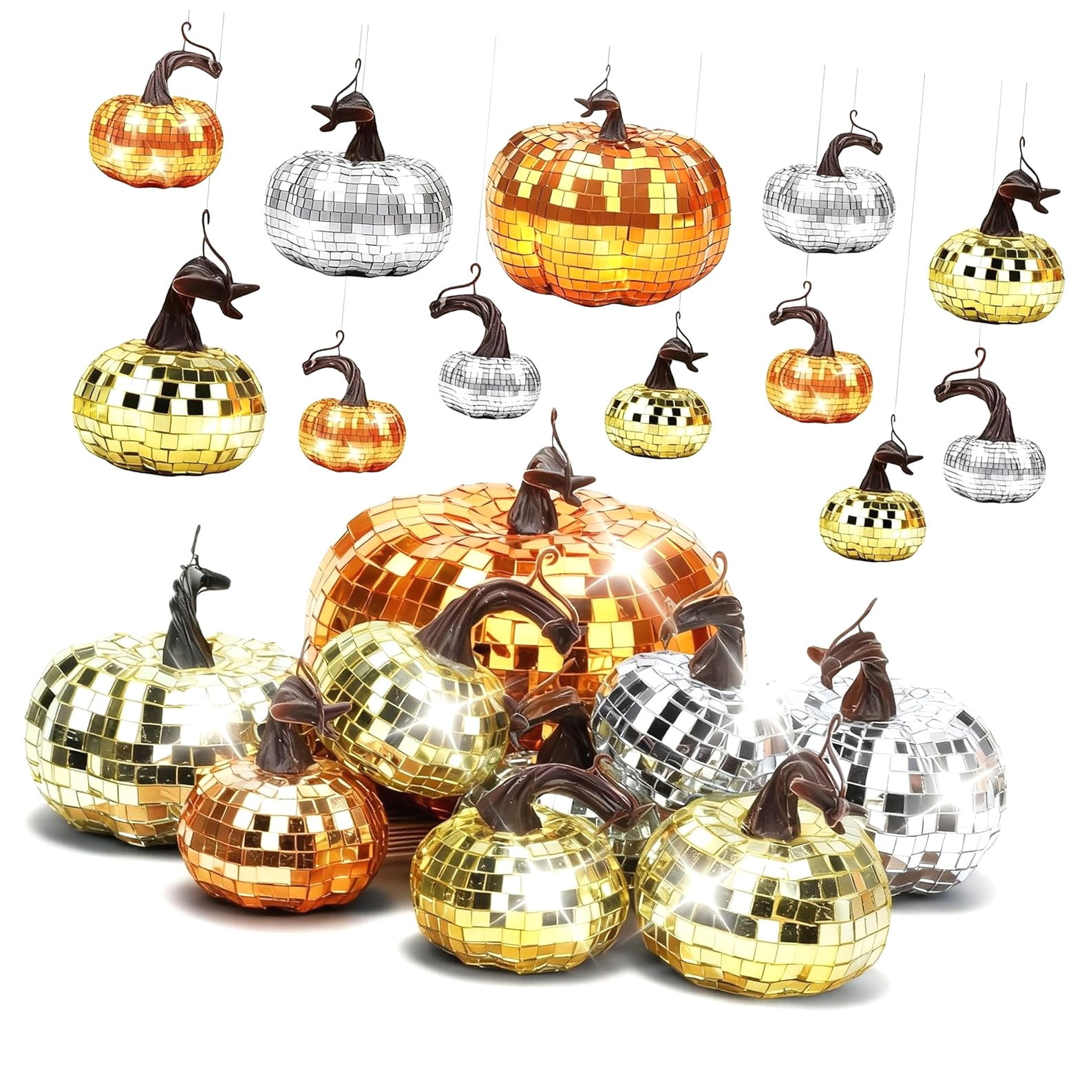 ANYWAY.GO 12-Piece Fall Artificial Pumpkin Set, Silver Glitter Mirror ...