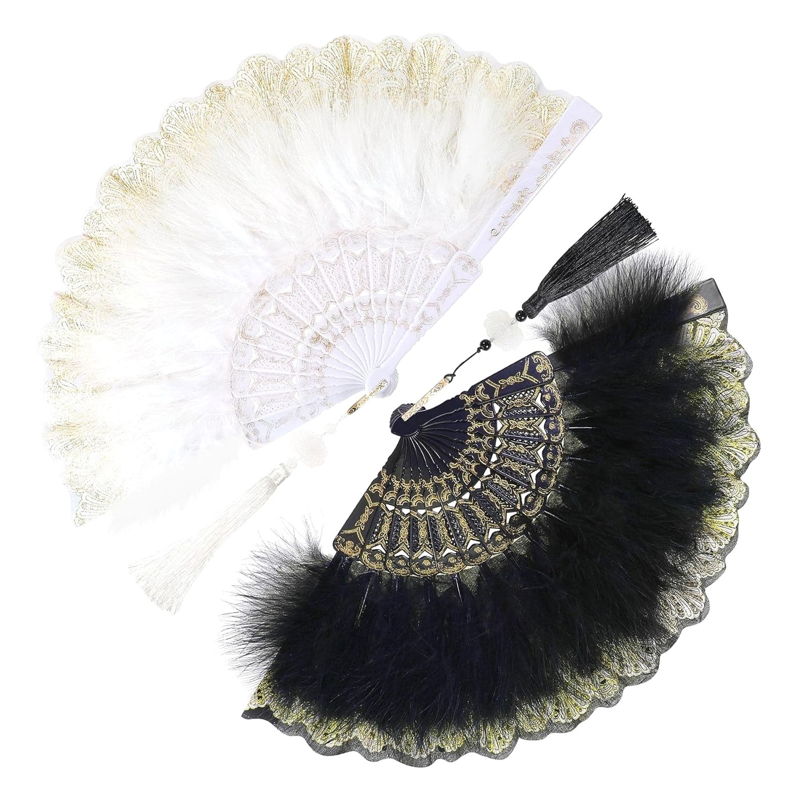 ANYWAY.GO 2 Pieces Hand Fan Embroidered Marabou 1920s Fan Hand Folding ...