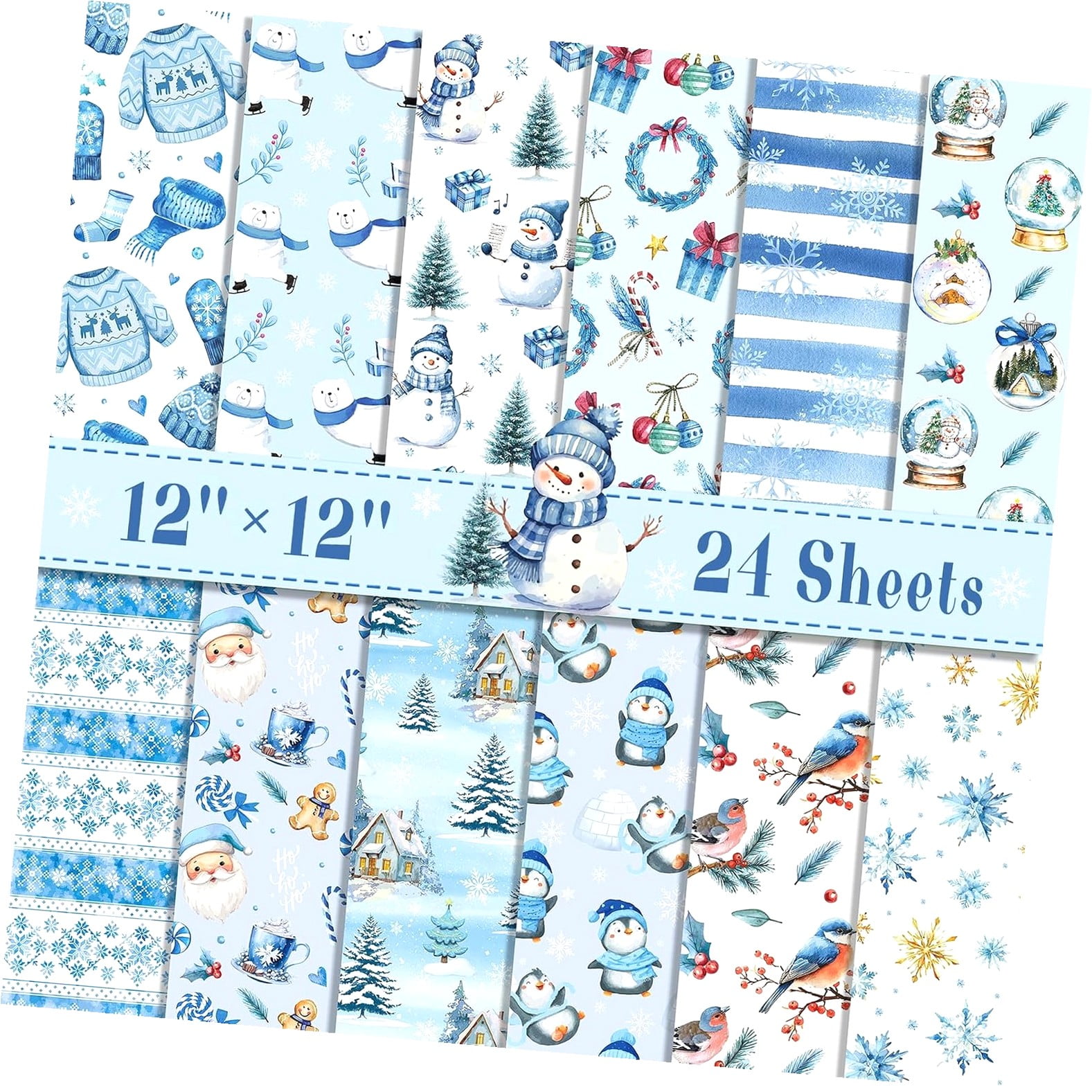 ANYWAY.GO 24 Christmas Scrapbook Paper 12'' × 12'' Double-Sided Xmas Blue Snowman Snowflake ...