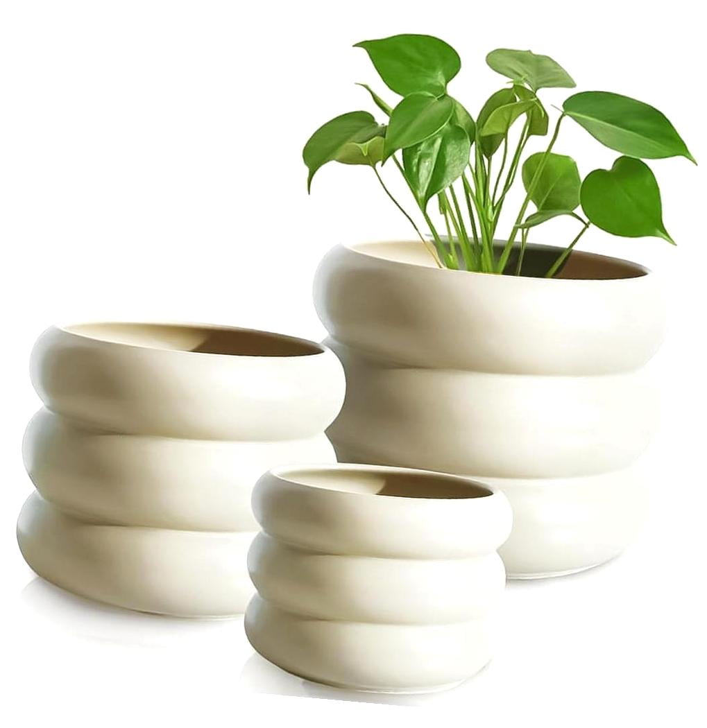 ANYWAY.GO 3 Piece Ceramic Planter, 6.5/4.7/3.5 Inch Beige Plant Pot Set ...