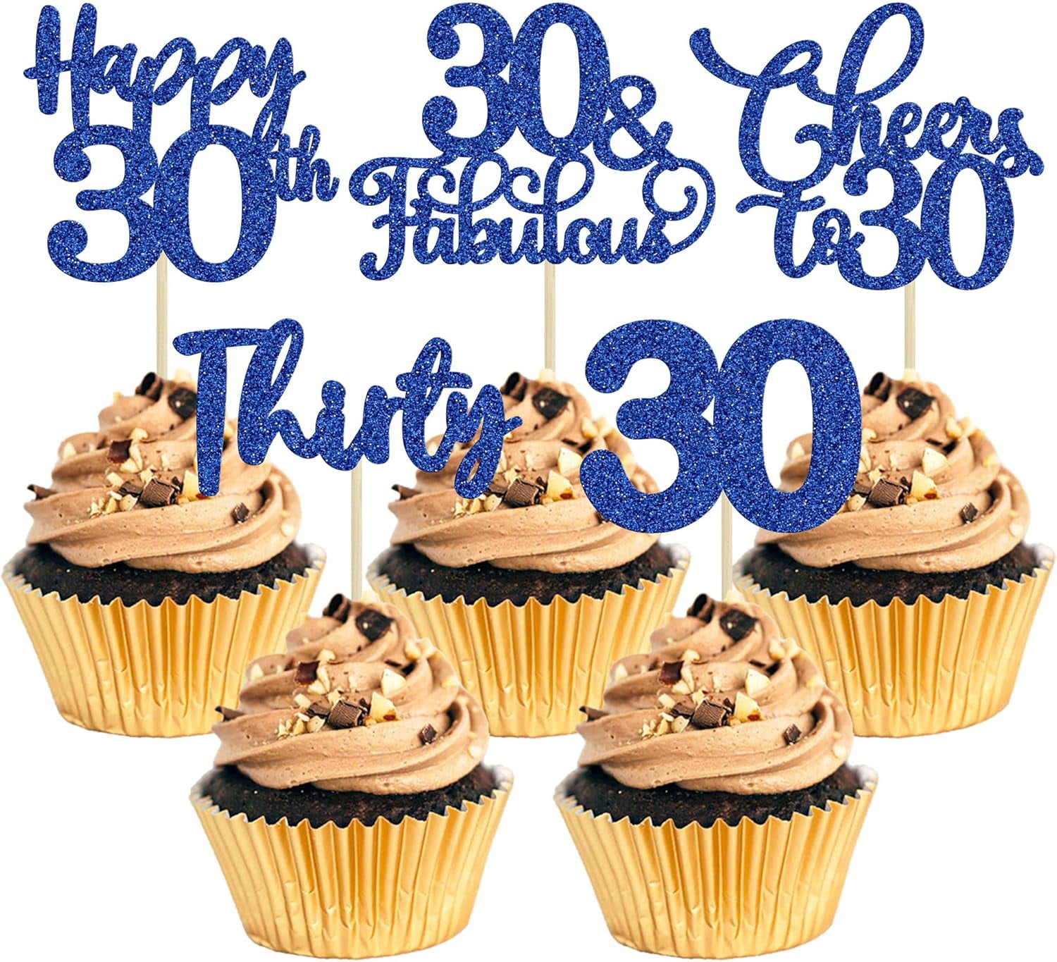 ANYWAY.GO 30 Pack Happy 30th Birthday Cupcake Toppers Dark Blue Glitter ...