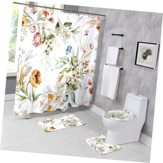ANYWAY.GO 4-Piece Watercolor Floral Shower Curtain Sets with Rugs and ...