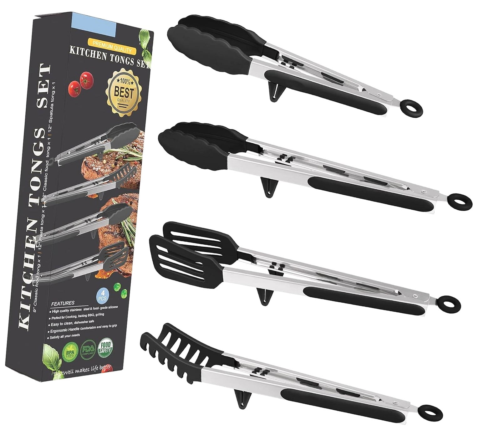 ANYWAY.GO 4in1 Steel Kitchen Food Tongs Set for Cooking with Tips ...