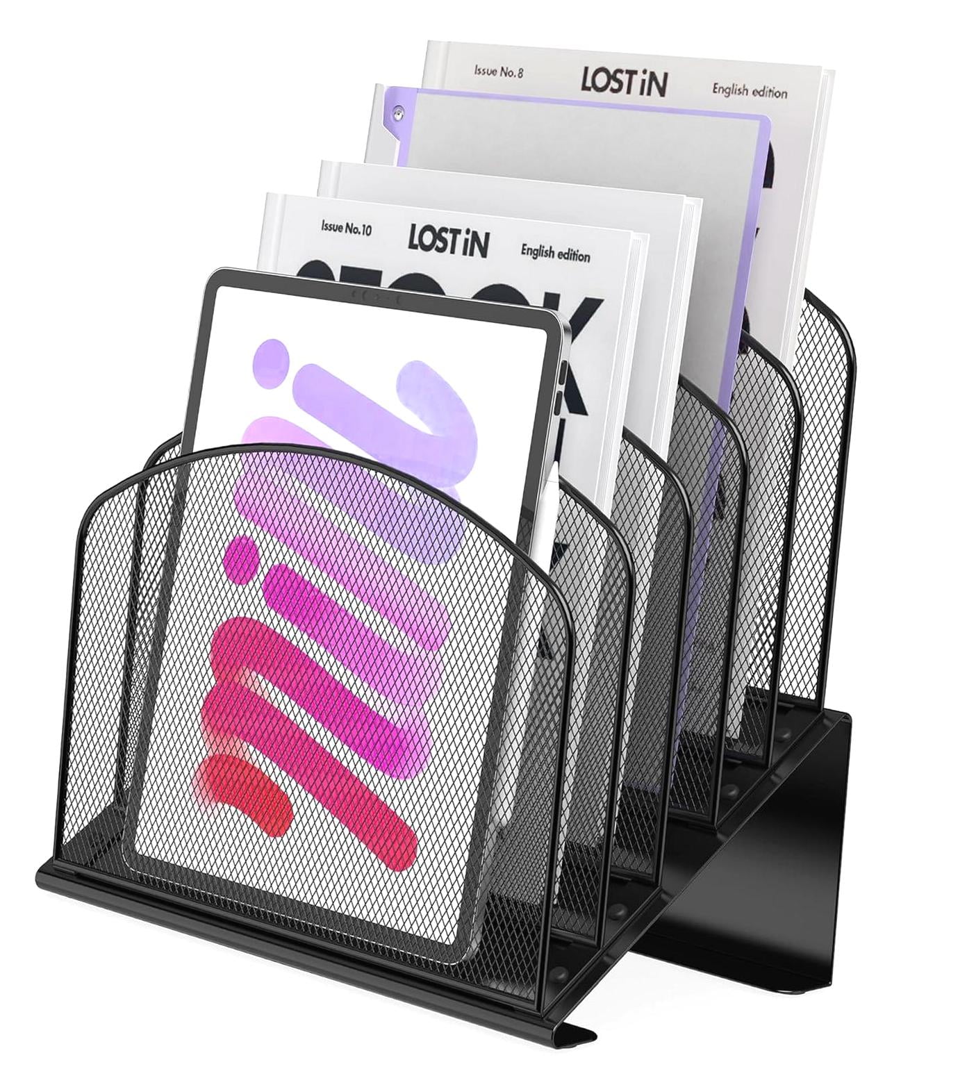ANYWAY.GO Angled Desktop Document Sorter Metal Office Magazine Stand with 5 Vertical Sections ...