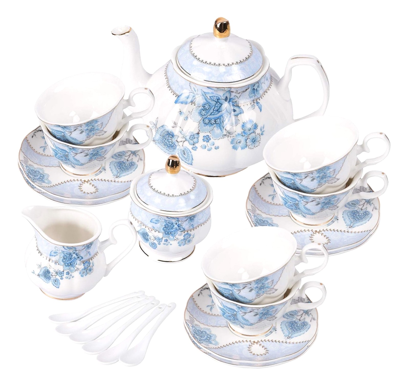 ANYWAY.GO Blue Porcelain Tea Set, Tea Cup and Saucer Set Service for 6 ...