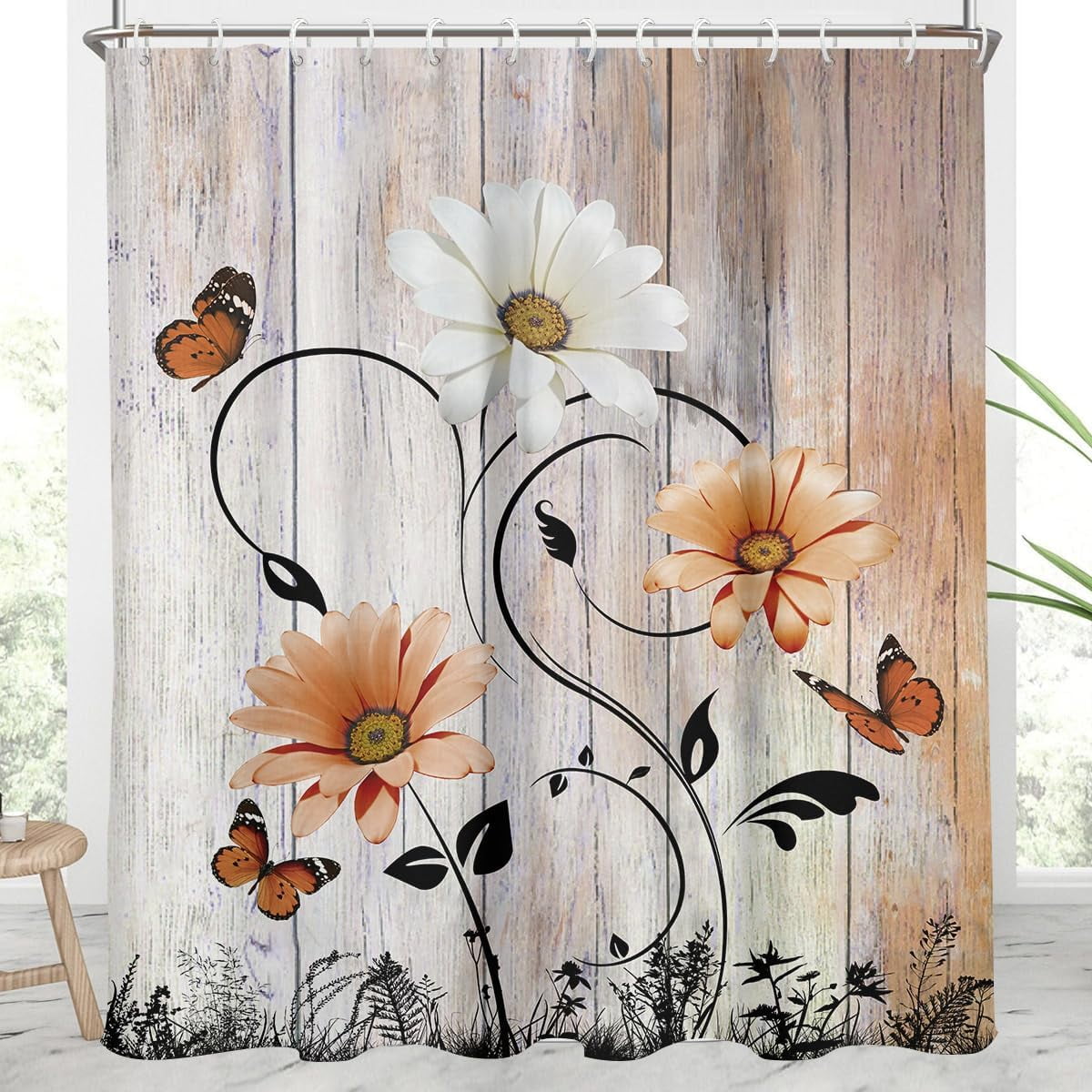 ANYWAY.GO Burnt Orange Floral Shower Curtain White Daisy Country Bright ...