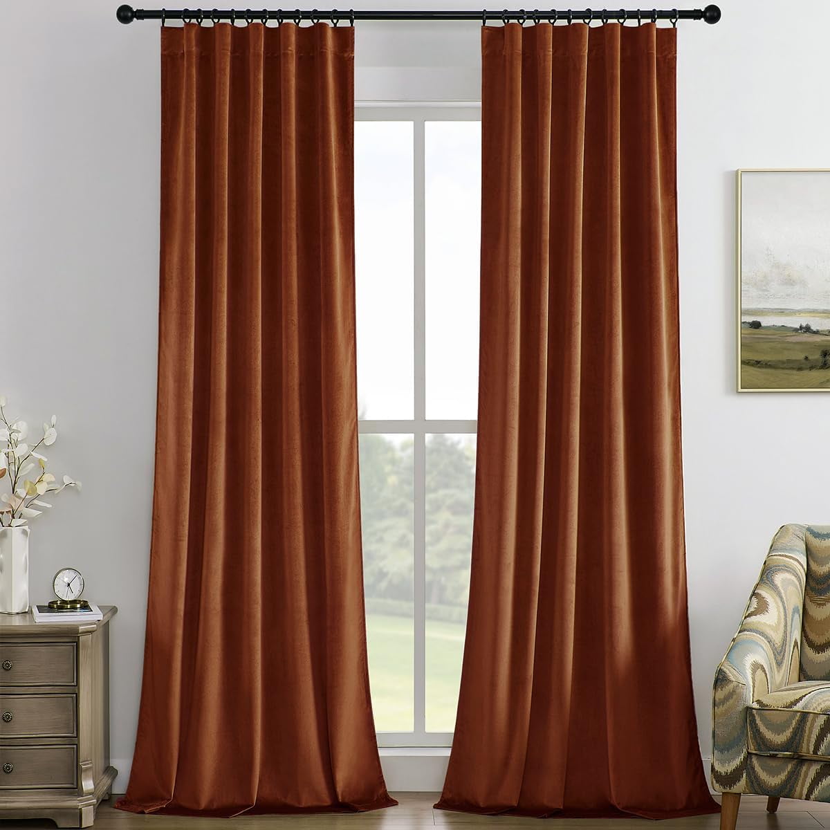 ANYWAY.GO Burnt Orange Pleat Back Tab Velvet Curtains W42 L84 inches 2 ...