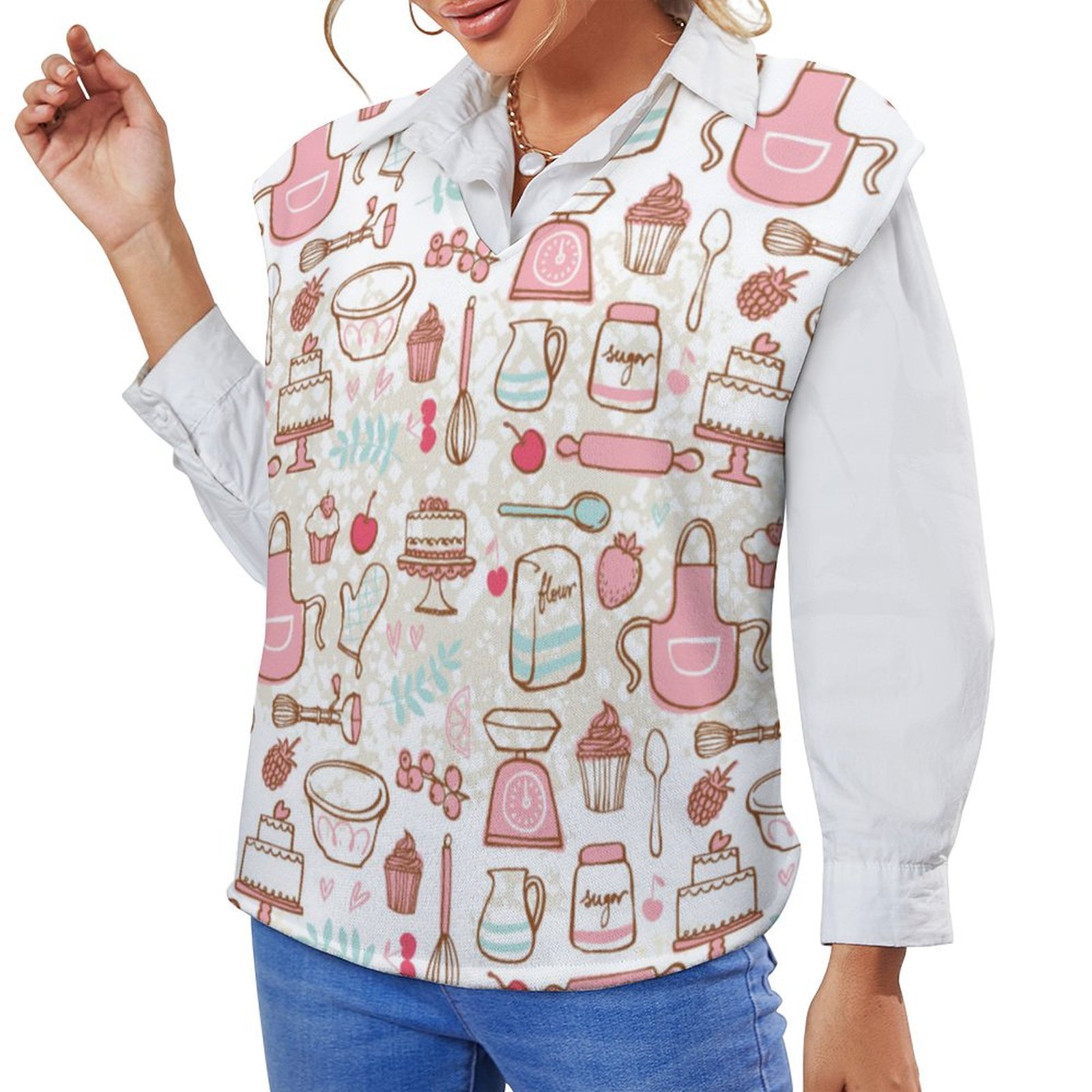 ANYWAY.GO Casual V-neck sweater women's vest Baking Kitchen Icons ...