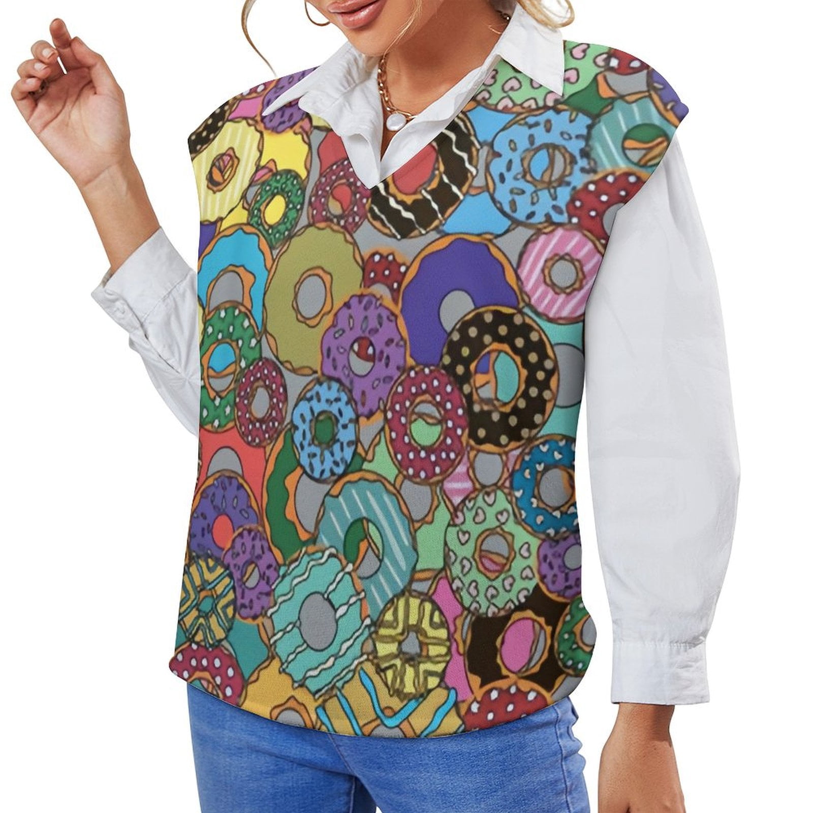 ANYWAY.GO Casual V-neck sweater women's vest Cartoon Colorful Donut ...