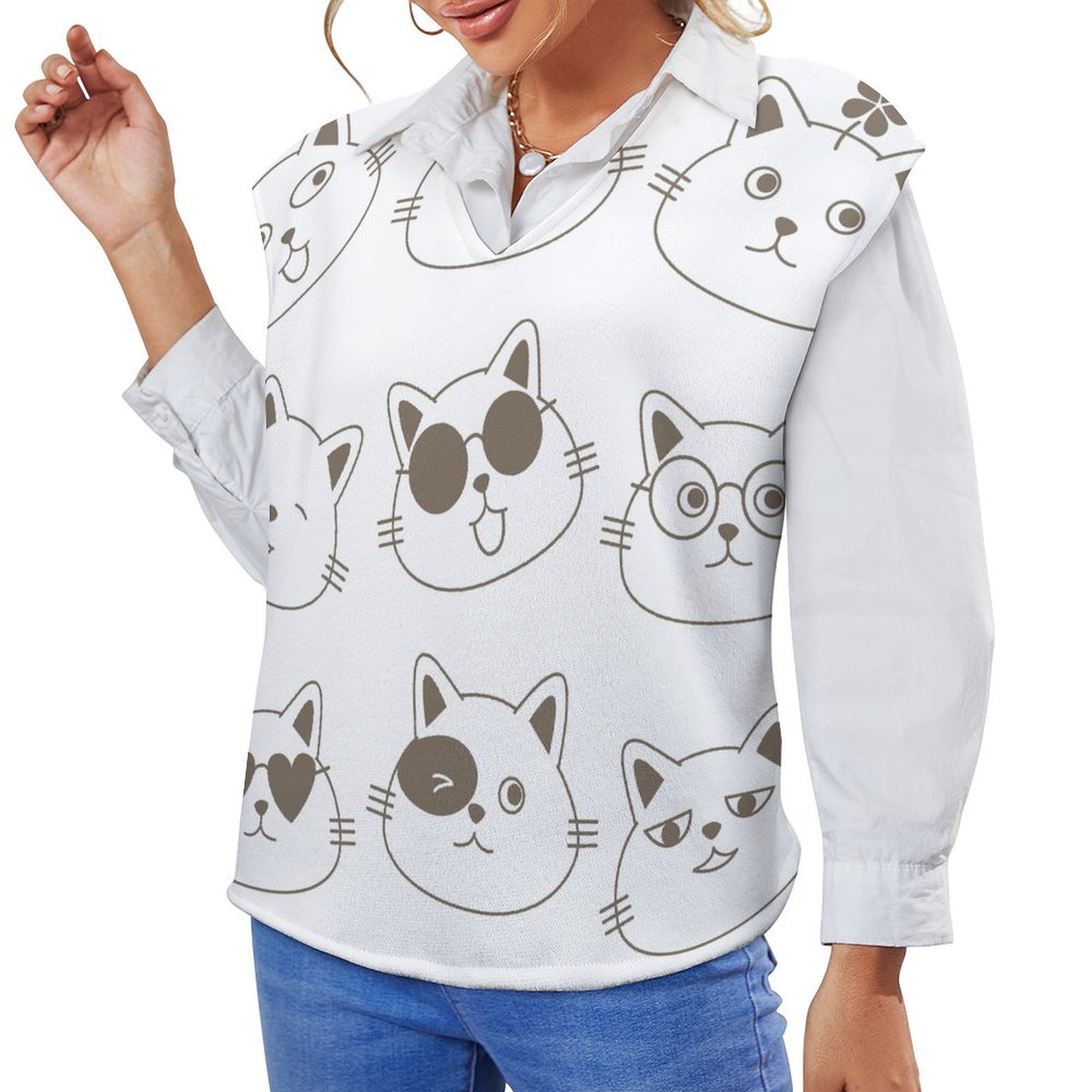 ANYWAY.GO Casual V-neck sweater women's vest Cat Cat Doodle Fashion ...