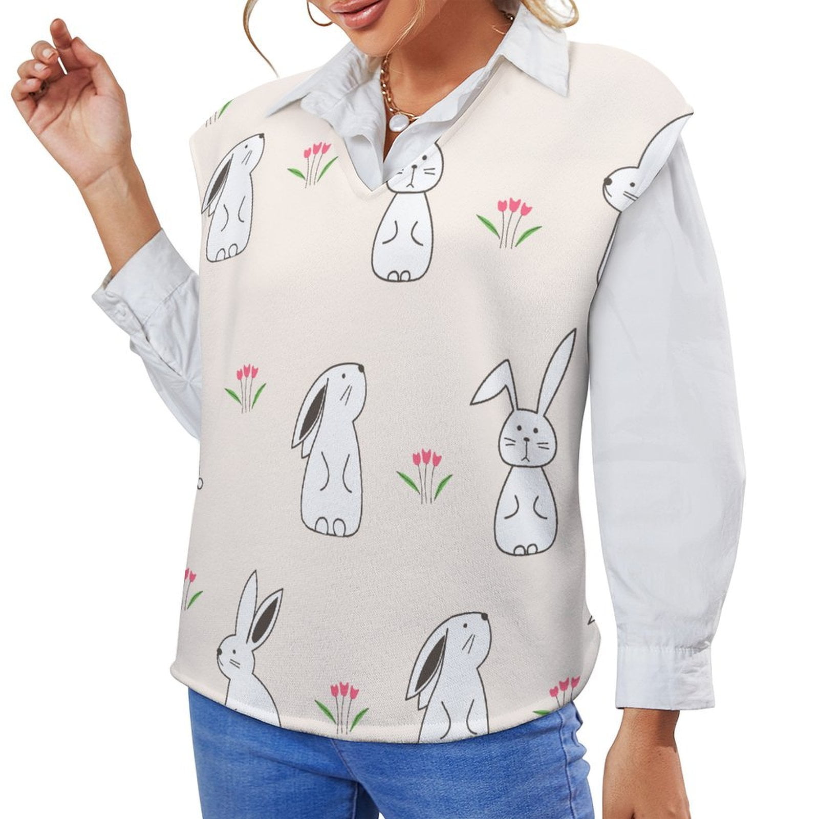 ANYWAY.GO Casual V-neck sweater women's vest Cute Bunny Pattern ...