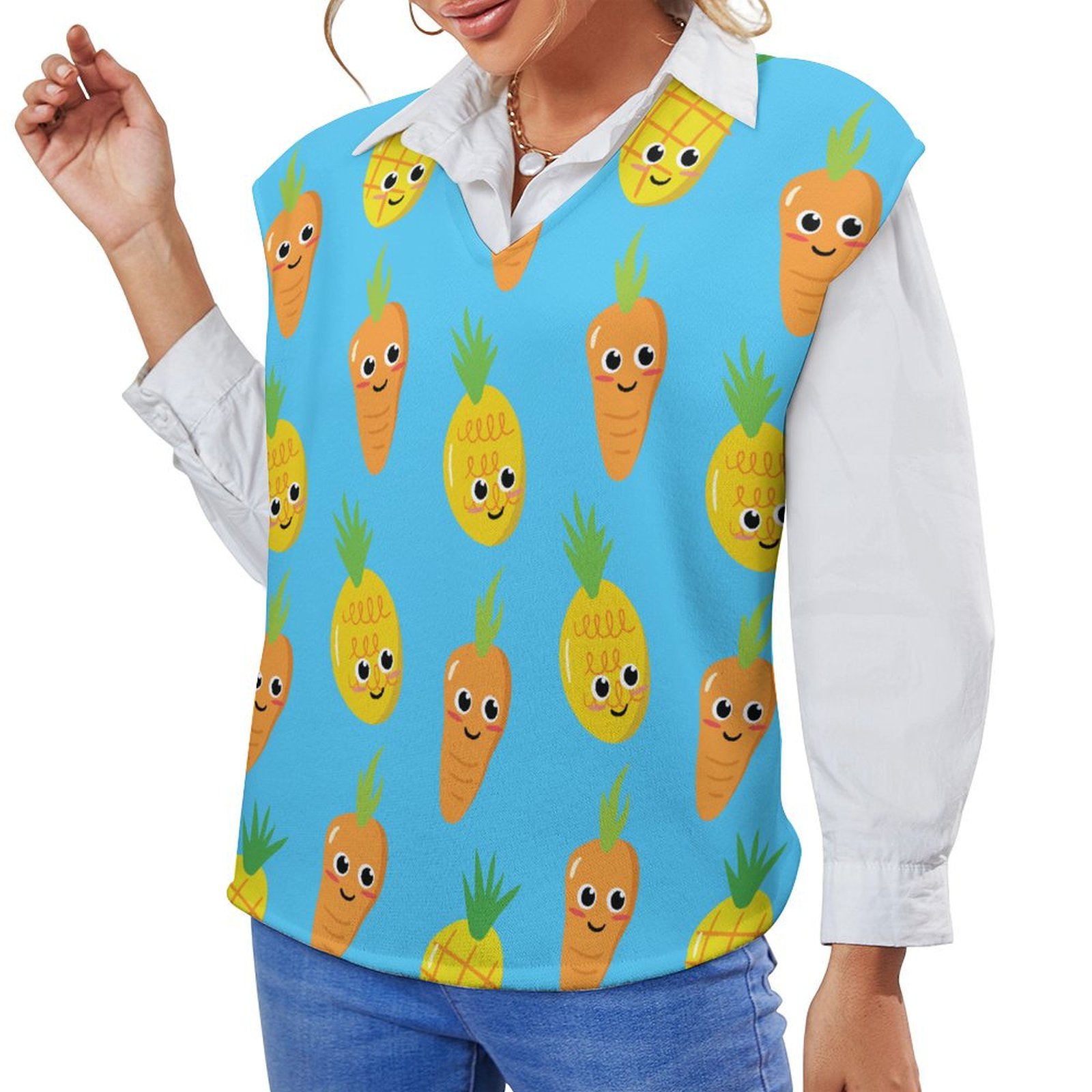 ANYWAY.GO Casual V-neck sweater women's vest Cute Carrot Pineapple ...