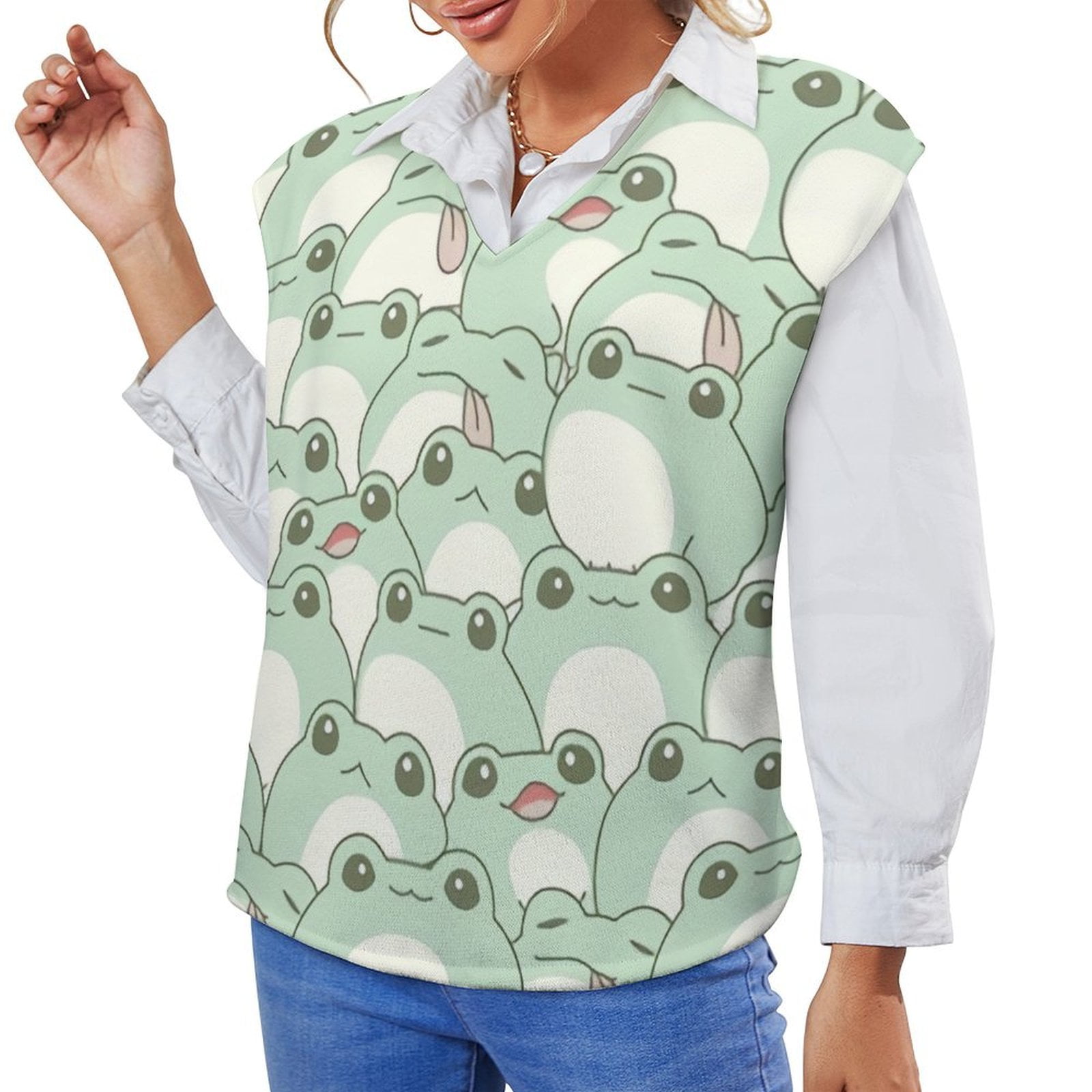 ANYWAY.GO Casual V-neck sweater women's vest Cute Frog Kiddie Pattern ...