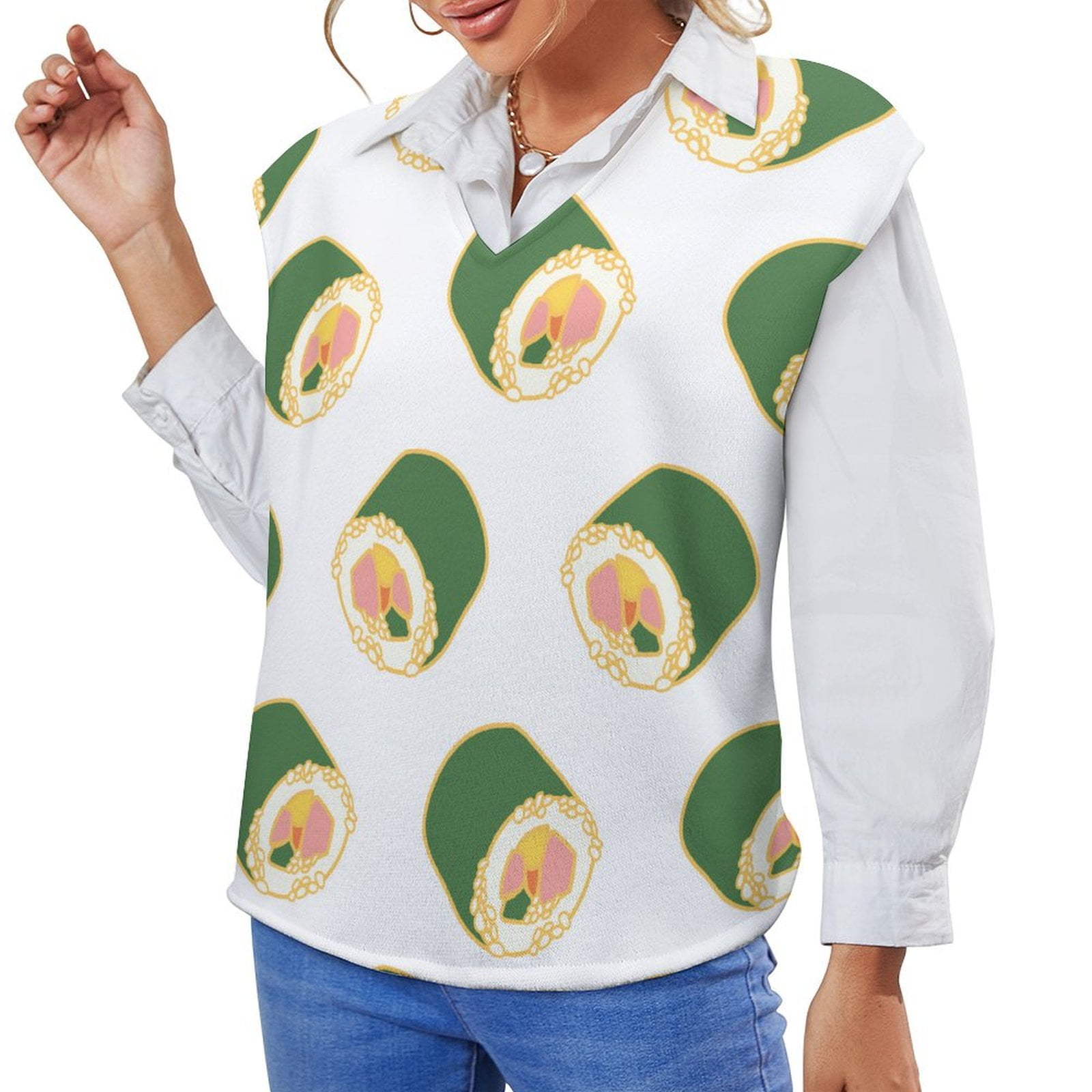 ANYWAY.GO Casual V-neck sweater women's vest Cute Sushi Roll Pattern ...