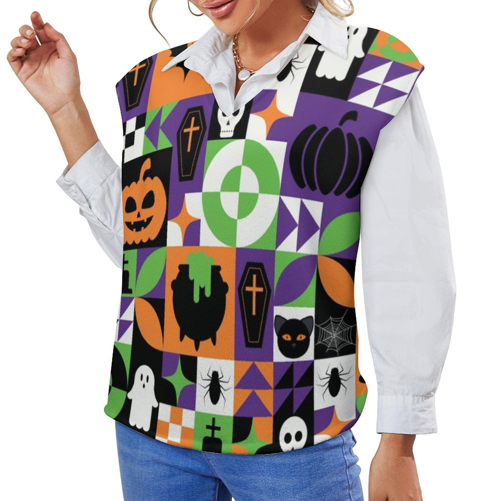 ANYWAY.GO Casual V-neck sweater women's vest Happy Halloween Template ...