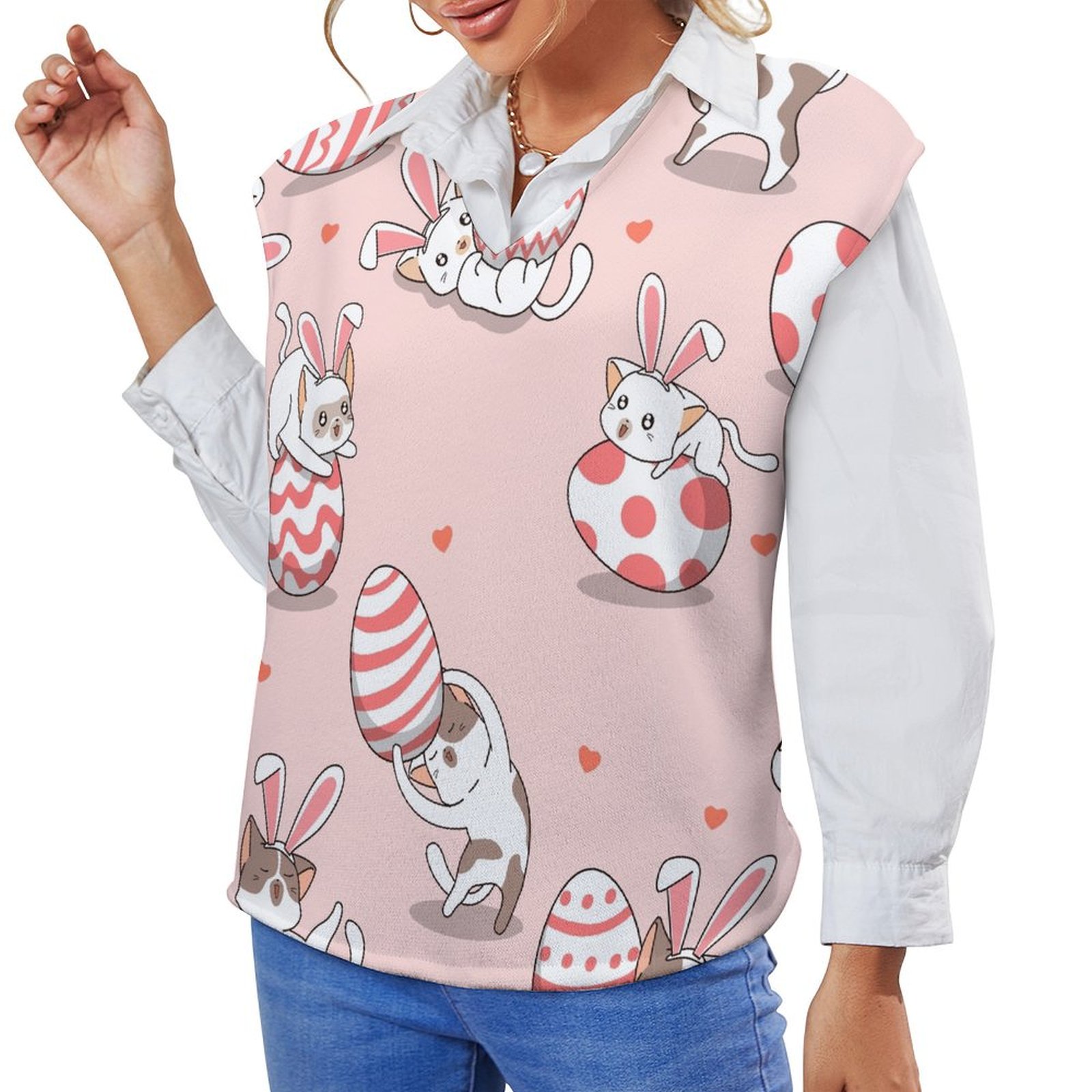 ANYWAY.GO Casual V-neck sweater women's vest Pattern Bunny Cat Easter ...