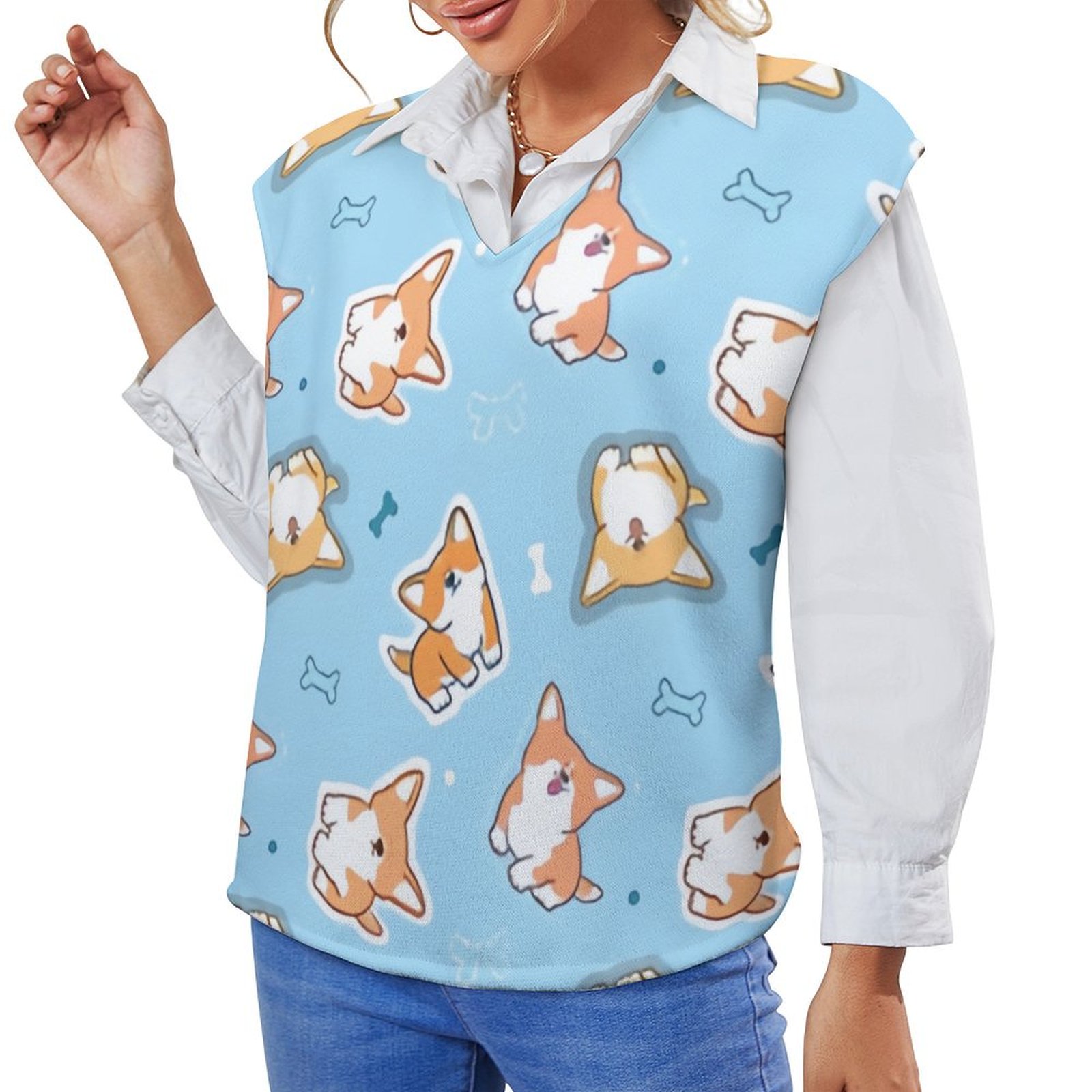 ANYWAY.GO Casual V-neck sweater women's vest Pattern Cartoon Corgi Dog ...