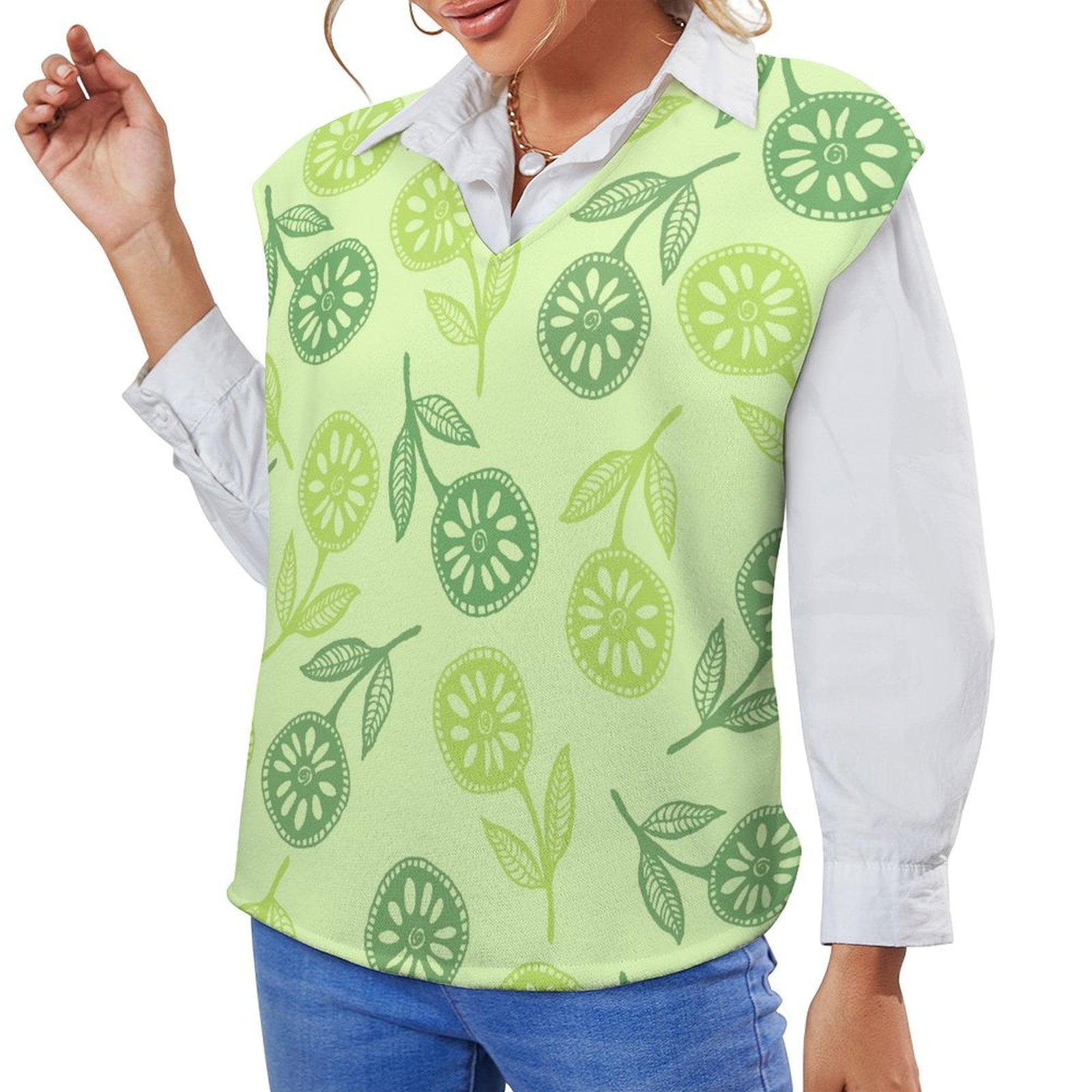 ANYWAY.GO Casual V-neck sweater women's vest Round Flowers Stems ...