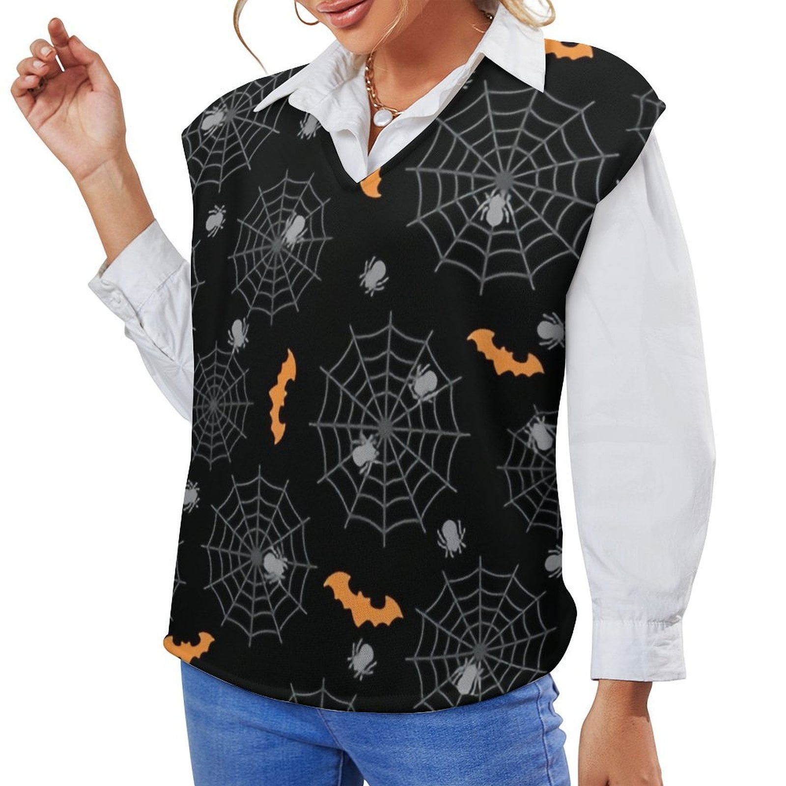 ANYWAY.GO Casual V-neck sweater women's vest Spider Halloween Pattern ...