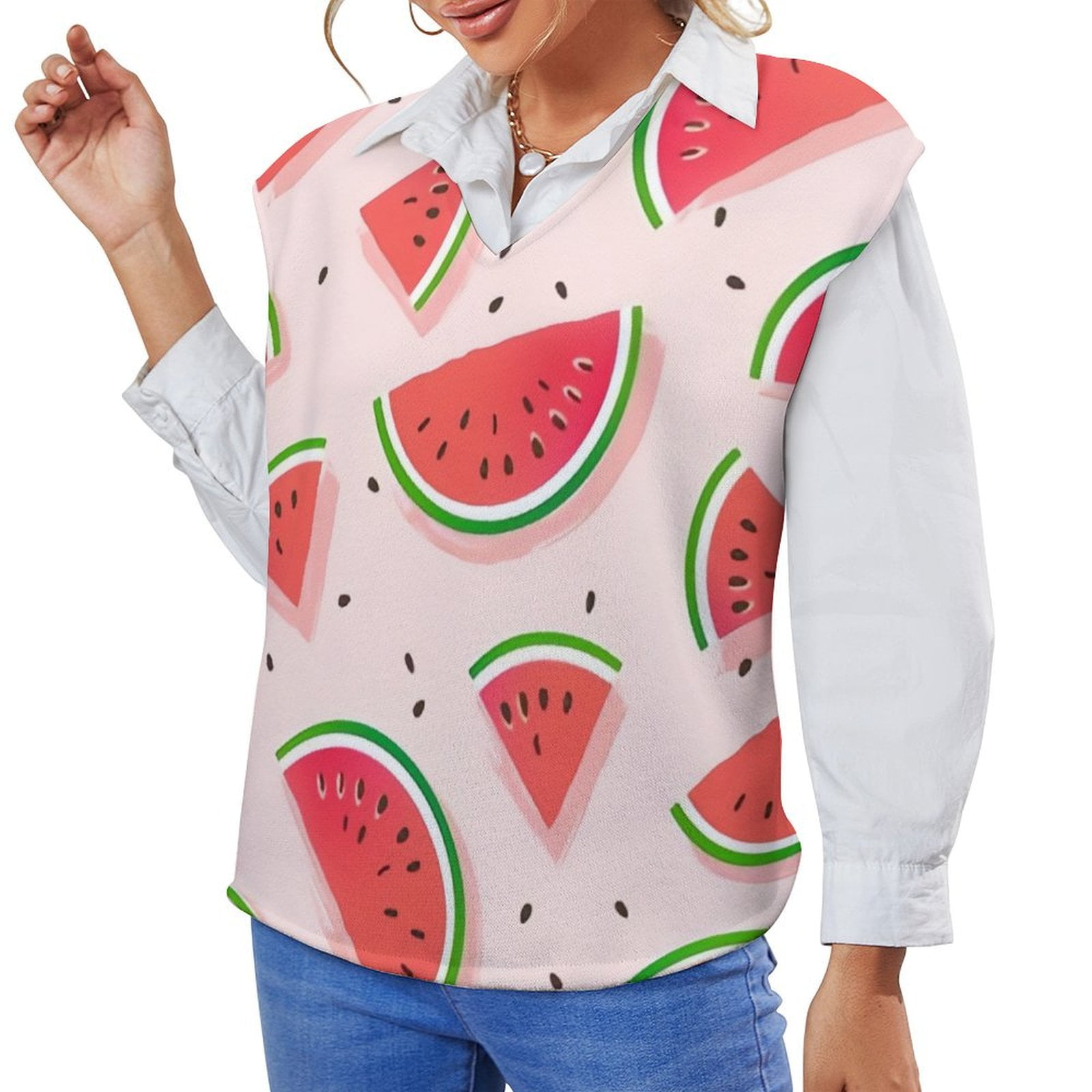 ANYWAY.GO Casual V-neck sweater women's vest Watermelon Slices Pattern ...