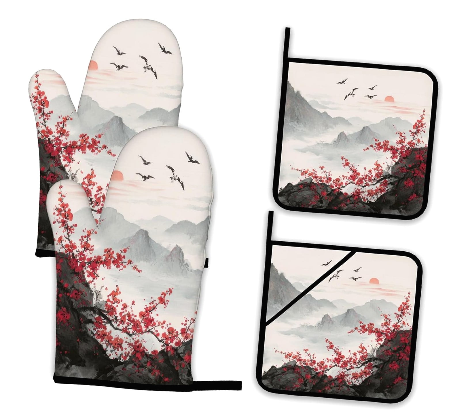 ANYWAY.GO Cherry Blossom Mountain and Pot Holders, Red Sun and Pot ...