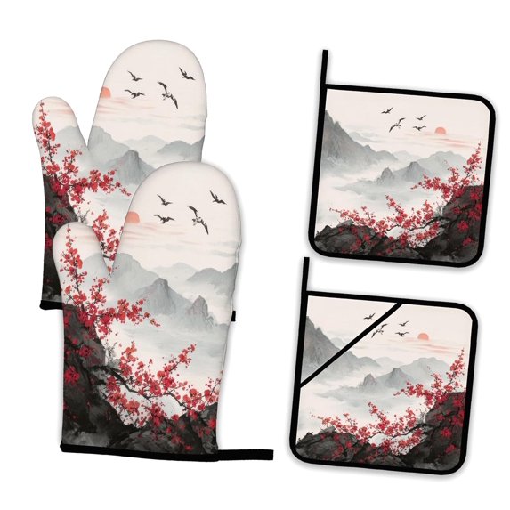 ANYWAY.GO Cherry Blossom Mountain and Pot Holders, Red Sun and Pot ...