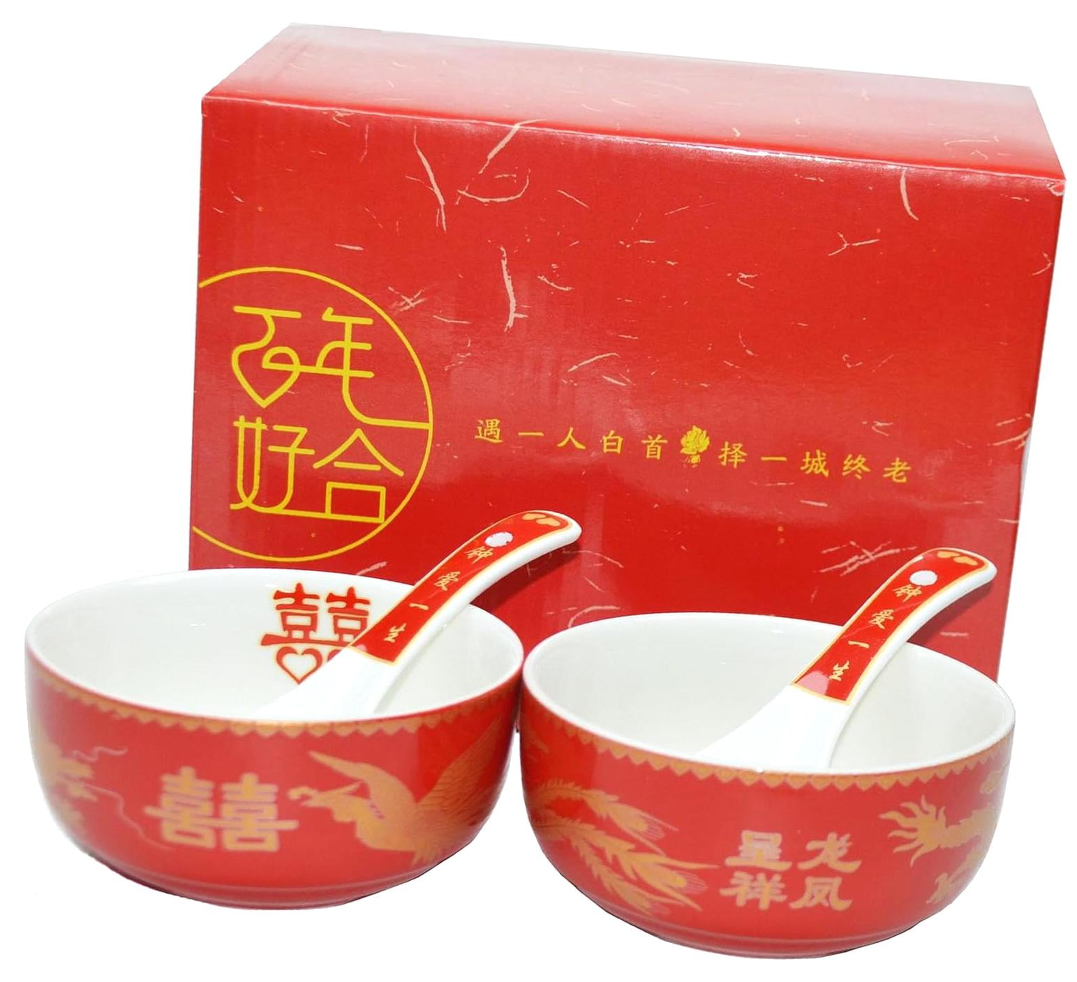 ANYWAY.GO Chinese Wedding Tea 2 Set Bowl Spoon Porcelain Dragon and Phoenix for Adults Men Women ...