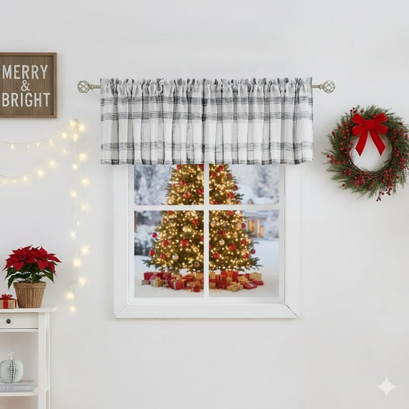 ANYWAY.GO Christmas White Check Valance Curtain for Kitchen Linen-Look ...