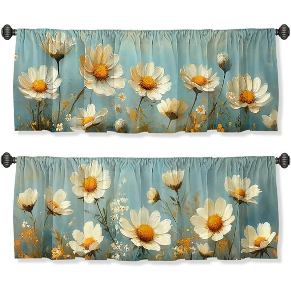 ANYWAY.GO Daisy Curtain Valance for 2 Pack Blue White Yellow Rod Pocket ...