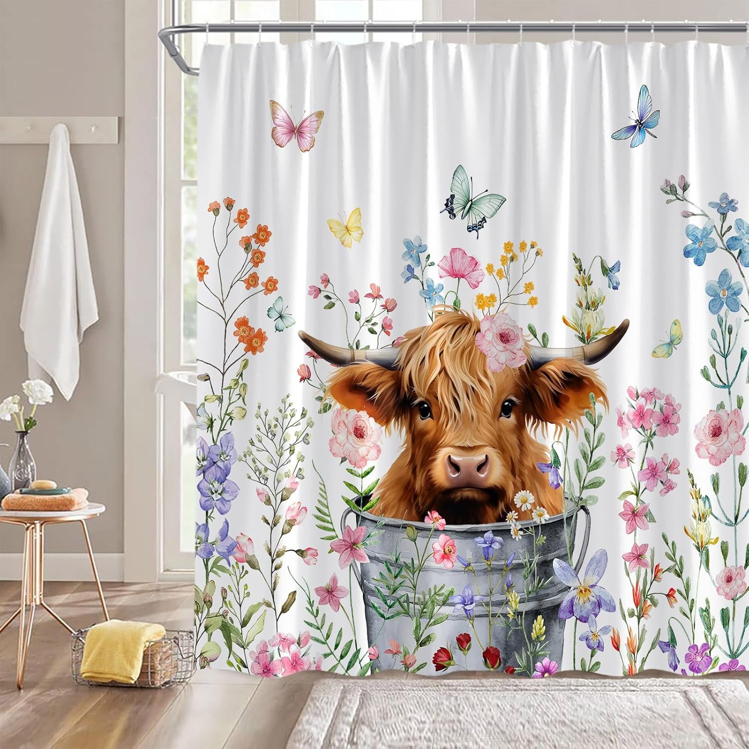 ANYWAY.GO Farmhouse Shower Curtain Blue Watercolor Floral Brown Farm ...