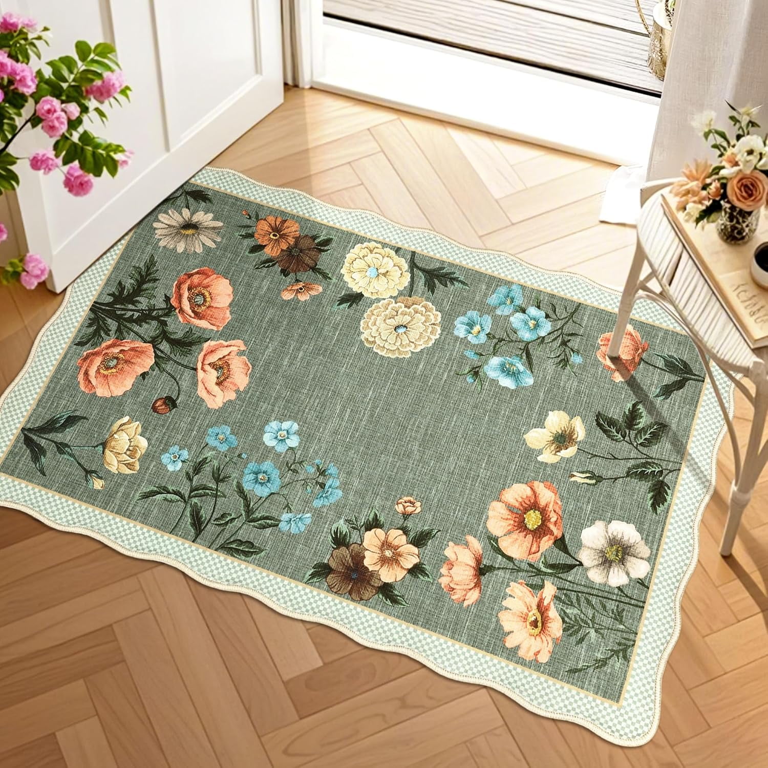 ANYWAY.GO Floral Scalloped Entryway Rug, 2x3 Washable Small Area Rug ...