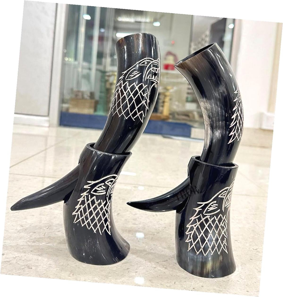 ANYWAY.GO Hand-Engraved Wolf Design Ox-Horn Drinking Mug Set with Stand, Norse-Themed Party Horn ...