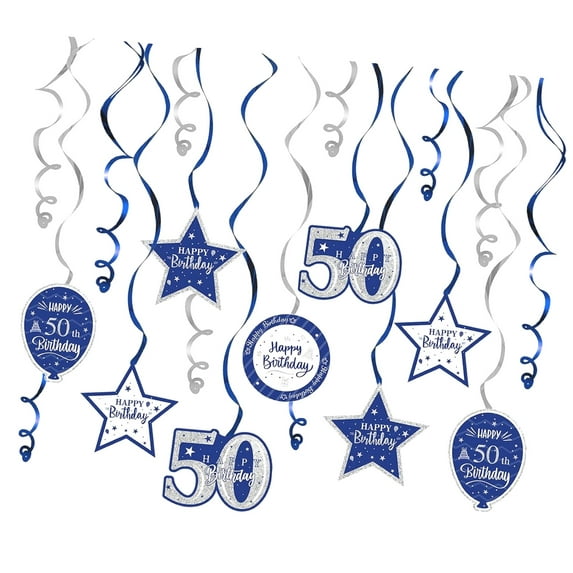 ANYWAY.GO Happy 50th Birthday Blue Silver Glitter Swirls Streamers ...