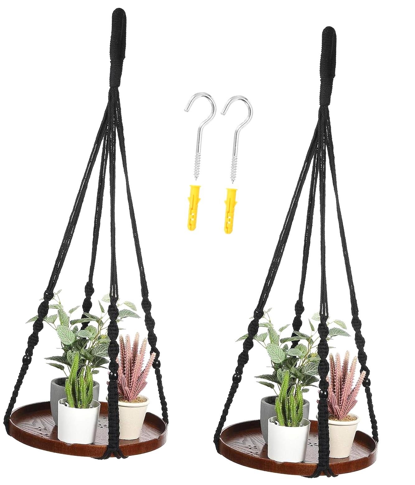 ANYWAY.GO Indoor Plant Hangers, 2 Pack Hanging with Wood Base for Wall ...