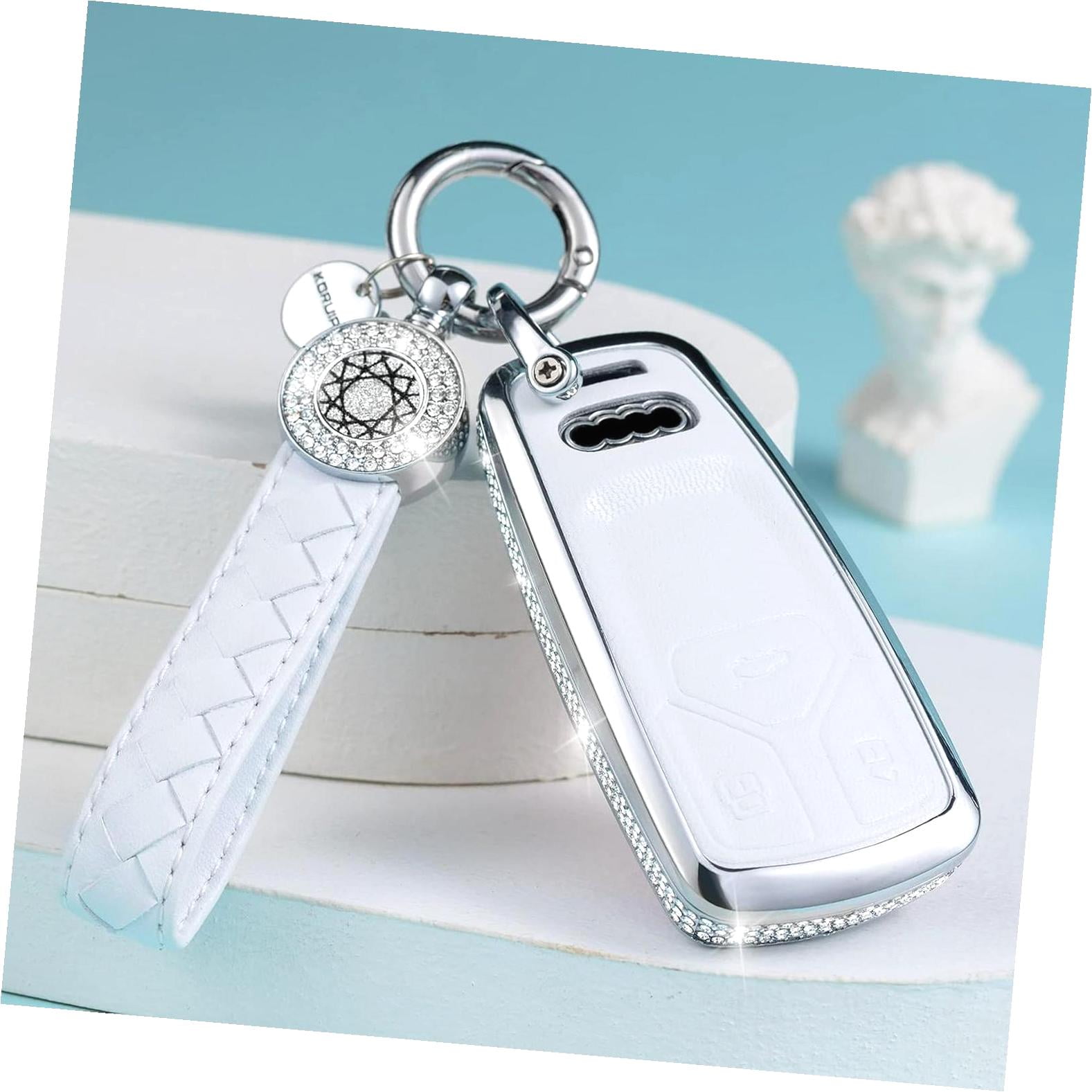 ANYWAY.GO Key Fob Cover with Keychain, Genuine Leather Crystal Full ...